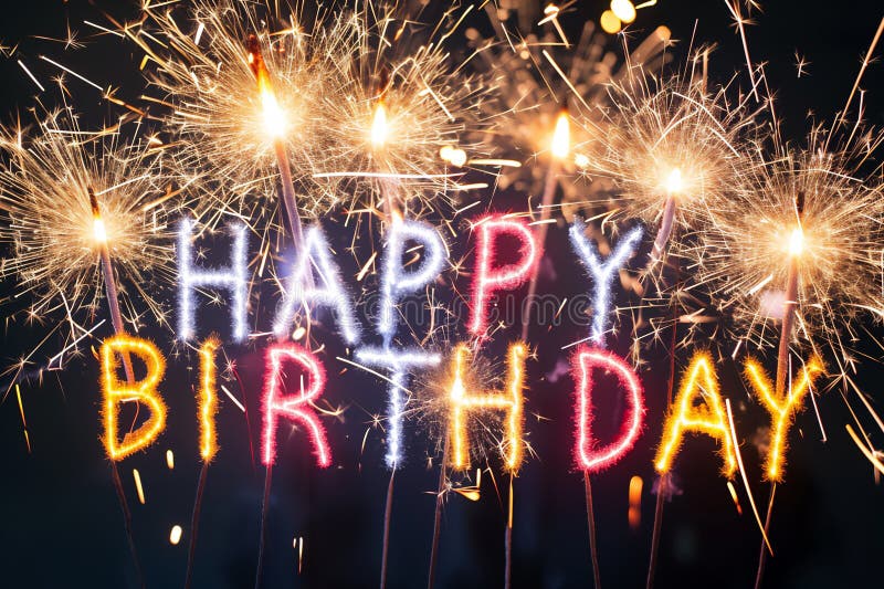 Happy Birthday Text Message with Sparklers Exploding Fireworks Stock ...