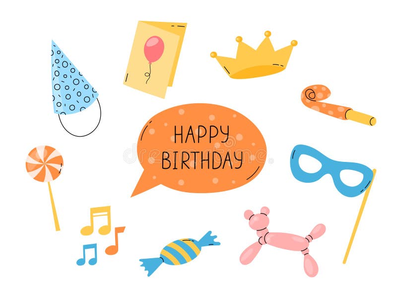 Happy Birthday Vector Elements Set, Greeting Card. Funny Flat Colorful ...