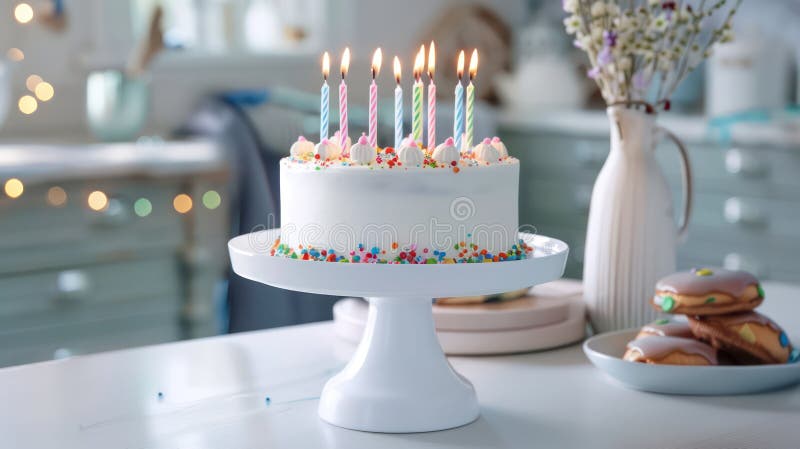 Happy Birthday! White Minimalistic Cake with Candles on Kitchen Table ...