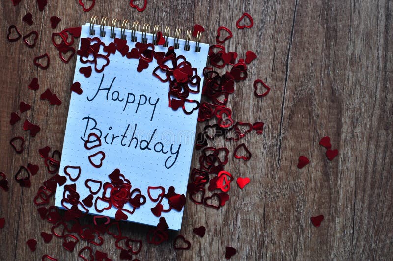 Happy Birthday Write in Notebook between Hearts Stock Photo - Image of ...
