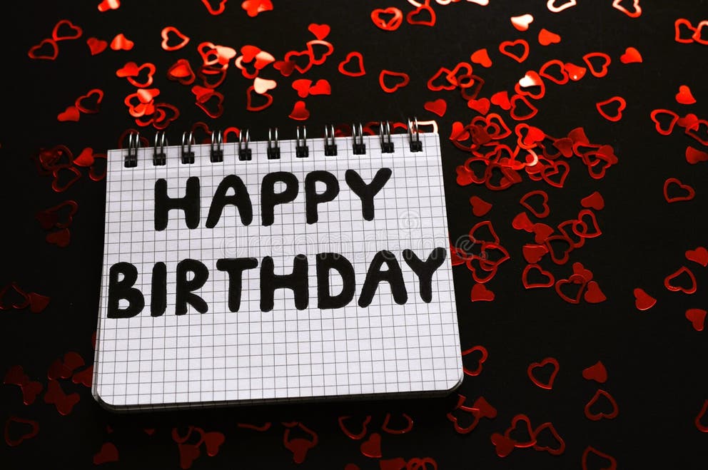 Happy Birthday Write in Notebook between Hearts Stock Illustration ...