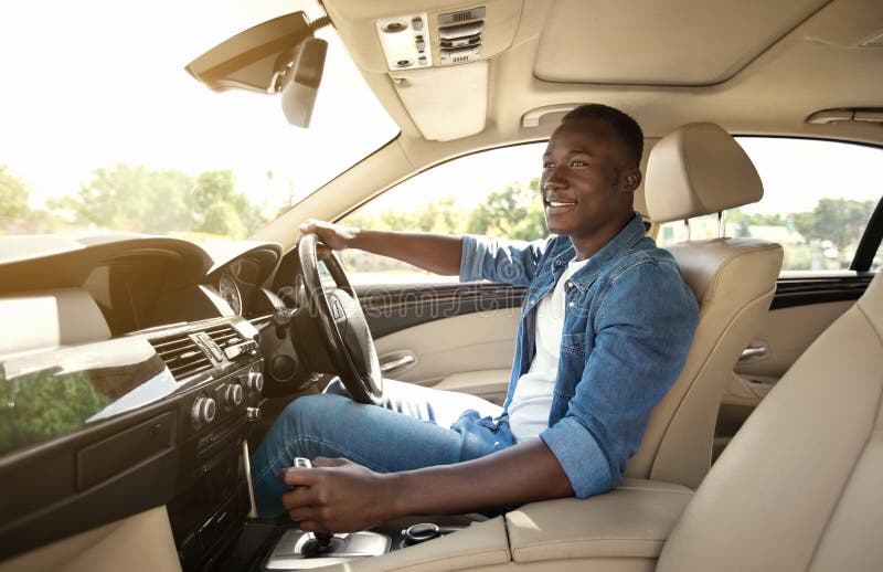 Happy Black Guy Driving Car, Inside Shot Stock Image - Image of safety ...