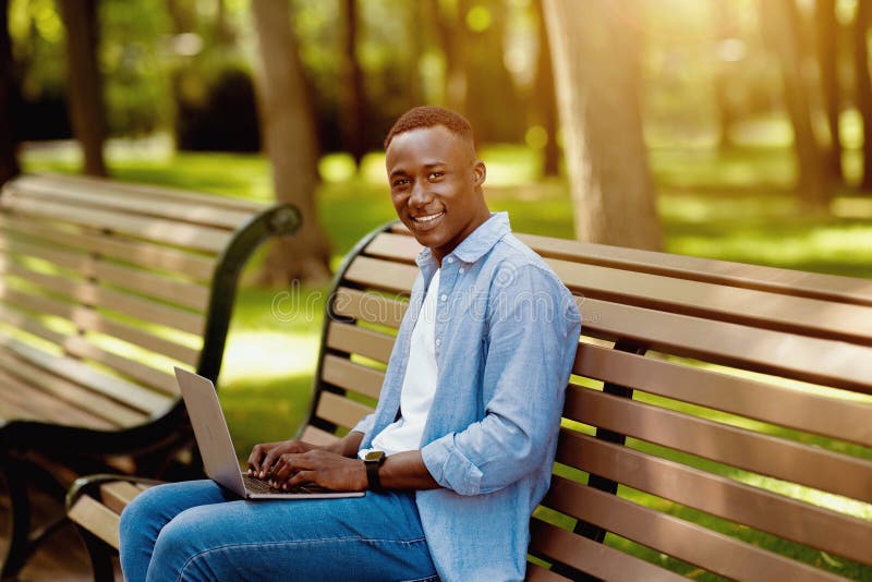 Happy Black Guy Laptop Computer Working Studying Online Bench Park ...