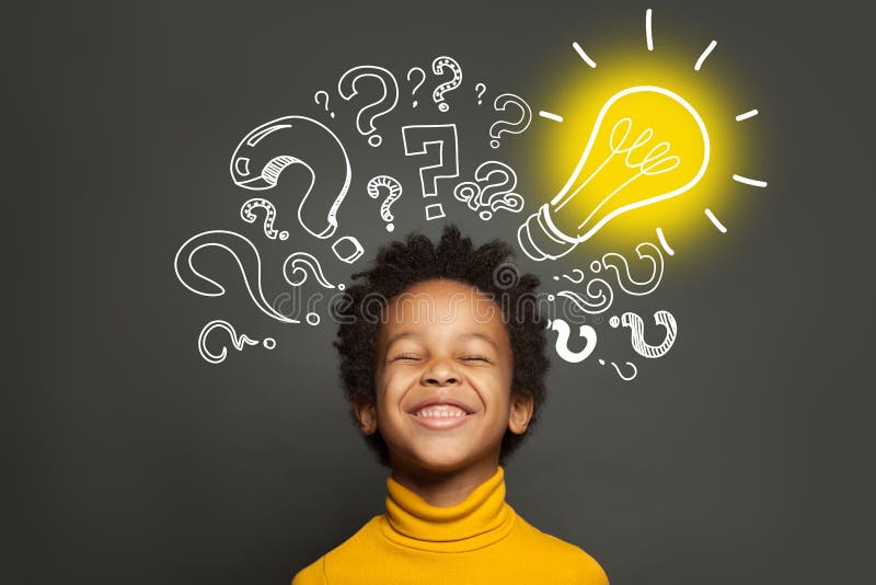 Happy Black Kid on Black Background with Light Bulb and Question Marks ...