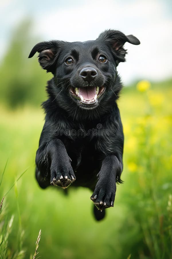 Happy Black Labrador Retriever Running Jumping Grass Field Stock Photos ...