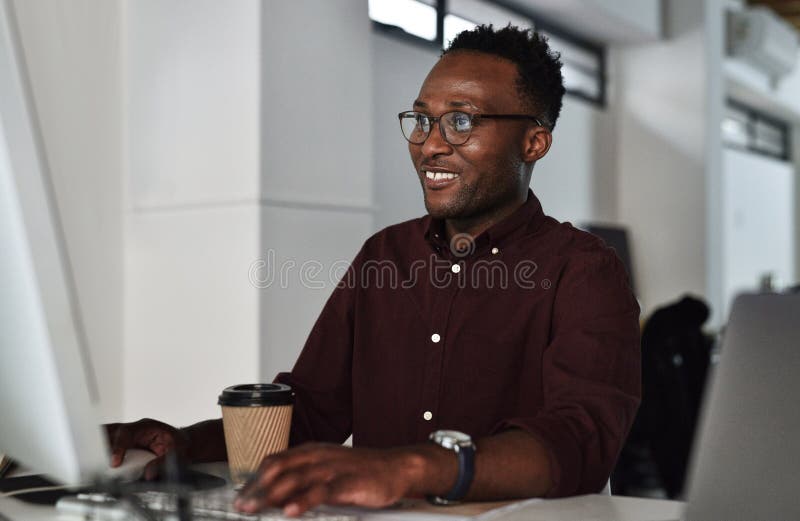 Happy, Black Man and Typing at Desk with Computer for Research, Email ...
