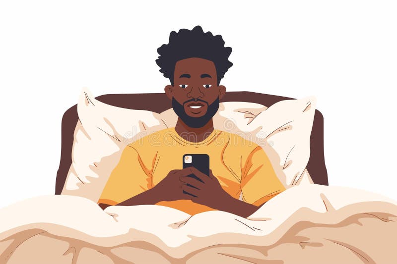 Happy Black Man Using Phone in Bed Application Isolated Stock Vector ...