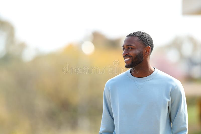 Happy Black Man Walking Looking at Side Stock Image - Image of casual ...