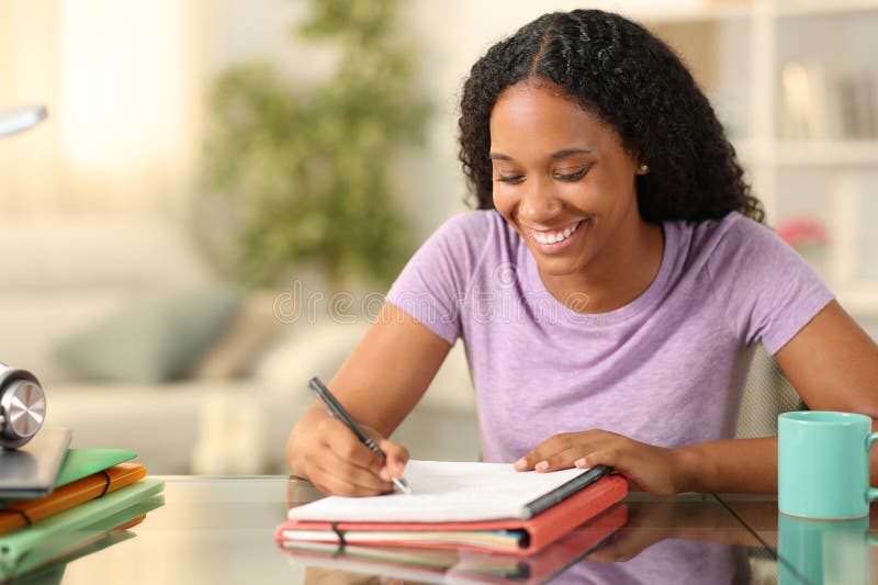 Happy Black Student Taking Notes at Home Stock Image - Image of agenda ...