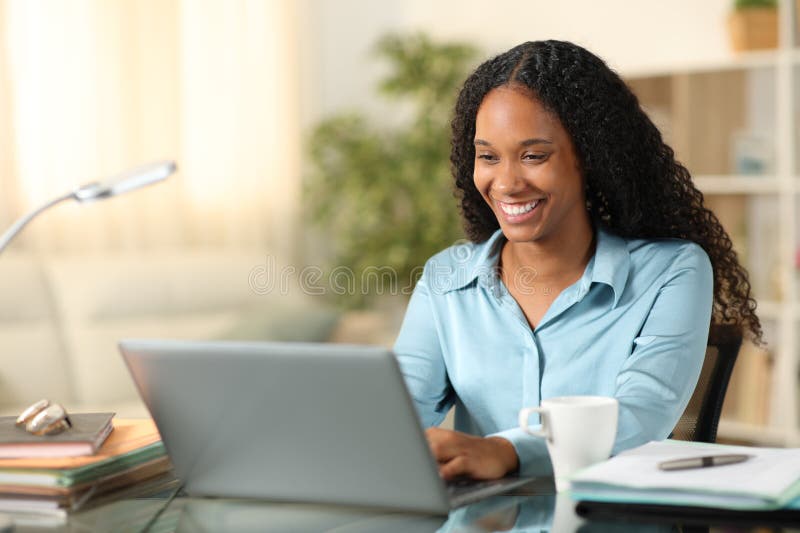 Happy Black Tele Worker Working at Home Stock Photo - Image of office ...