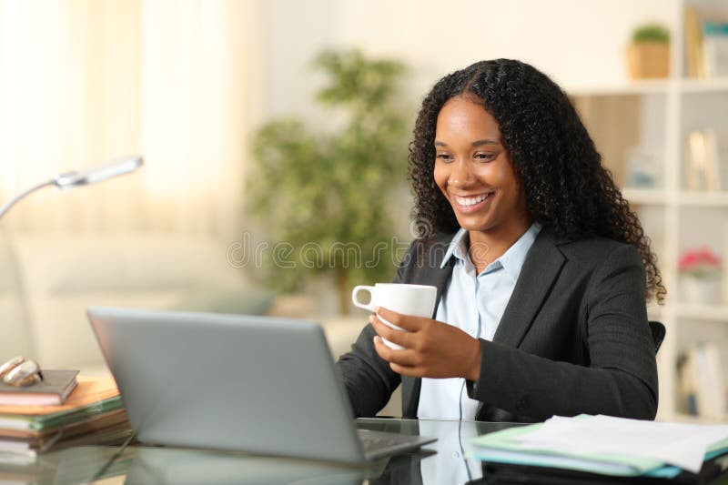 Happy Black Tele Worker Working Online and Drinking Coffee Stock Image ...