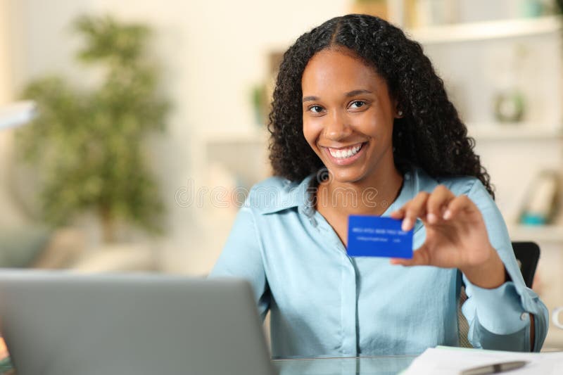 Happy Black Teleworker Buying Online Posing Stock Image - Image of ...