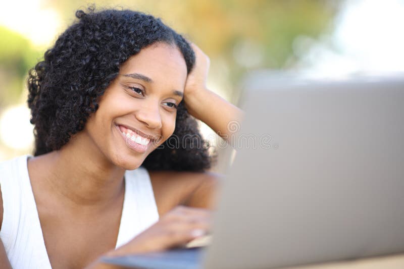 Happy Black Woman Using Laptop Outside Stock Image - Image of internet ...