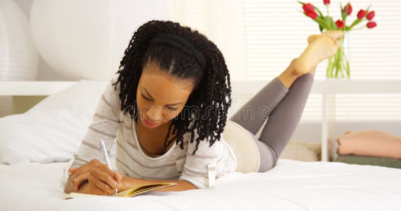 Happy Black Woman Writing in Journal Stock Image - Image of people ...
