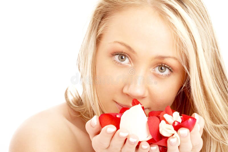 Happy Blond in Spa with Red and White Petals Stock Image - Image of ...