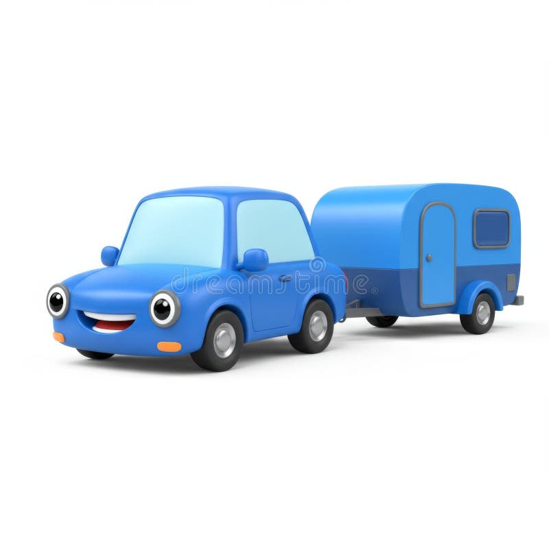 Happy Blue Cartoon Car Towing a Trailer Stock Illustration ...