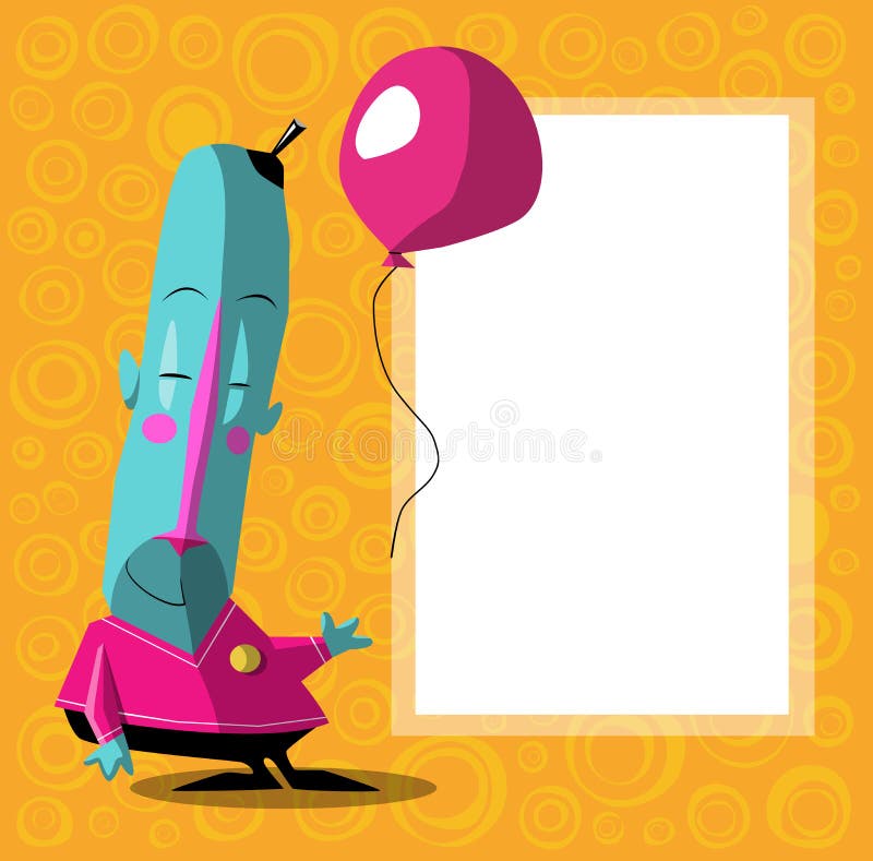 Happy Blue Cartoon Character with Balloon and Poster for Text Stock ...