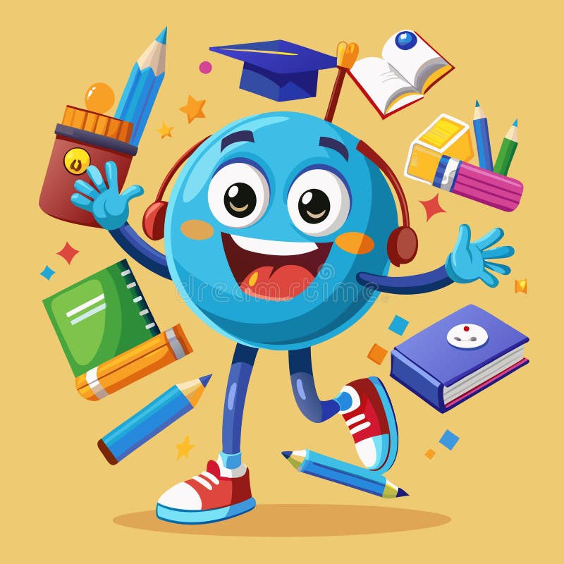 A Happy Blue Character Surrounded by School Supplie Stock Vector ...