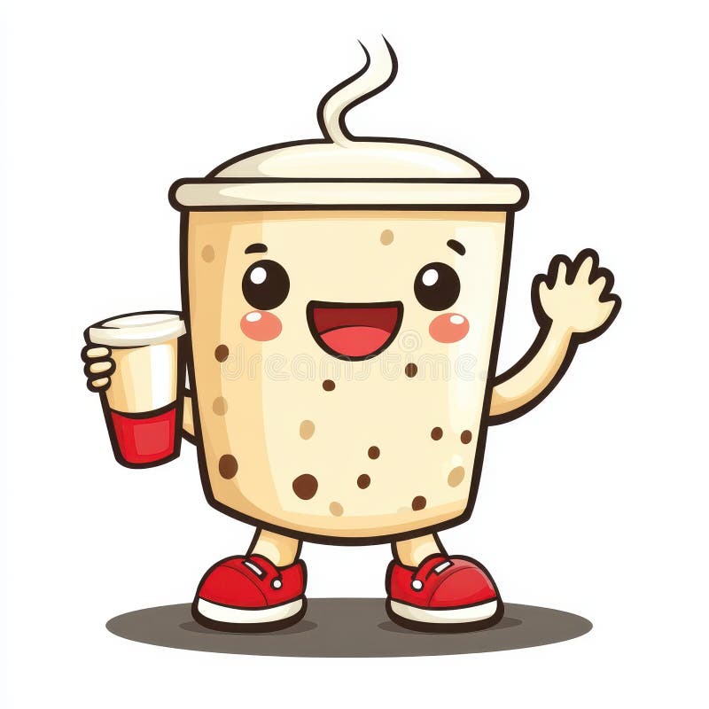 Happy Boba Tea Mascot Waving Holding Drink Stock Illustration ...