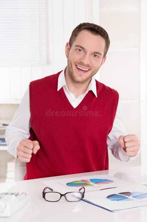 Happy Bookkeeper with Fists at Desk at Office. Stock Photo - Image of ...