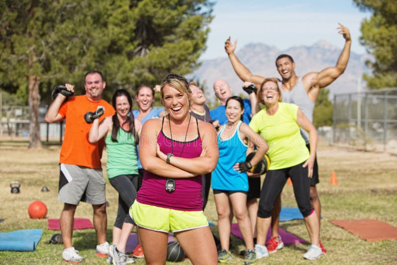 Happy Boot Camp Fitness Group Stock Image - Image of caucasian, coach ...