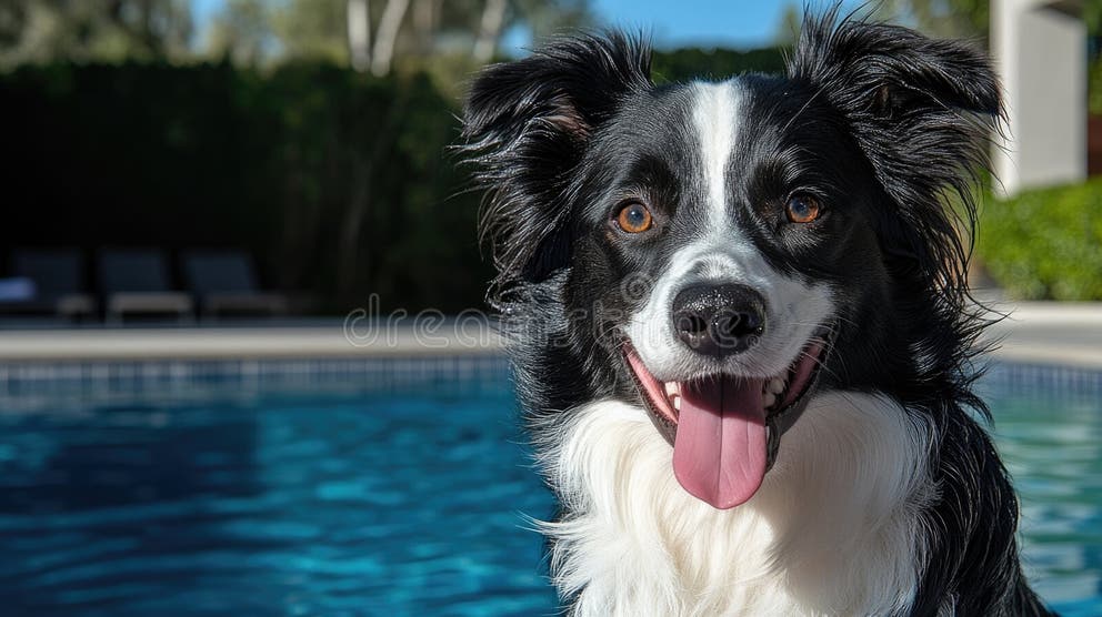 Happy Border Collie by Pool Under Sunny Sky Stock Image - Image of ears ...