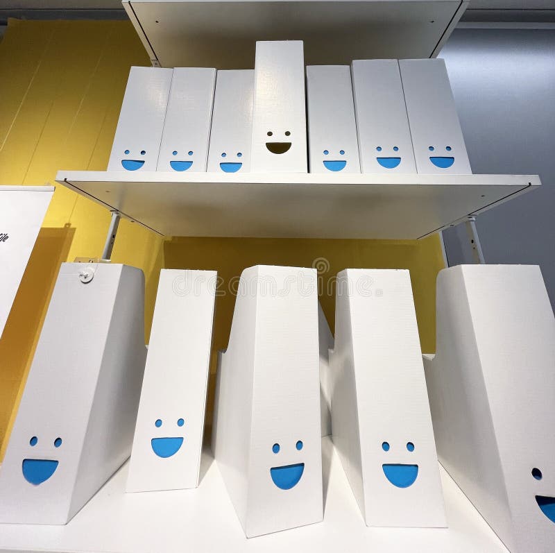 Happy Boxes on a shelf stock image. Image of design - 350474569