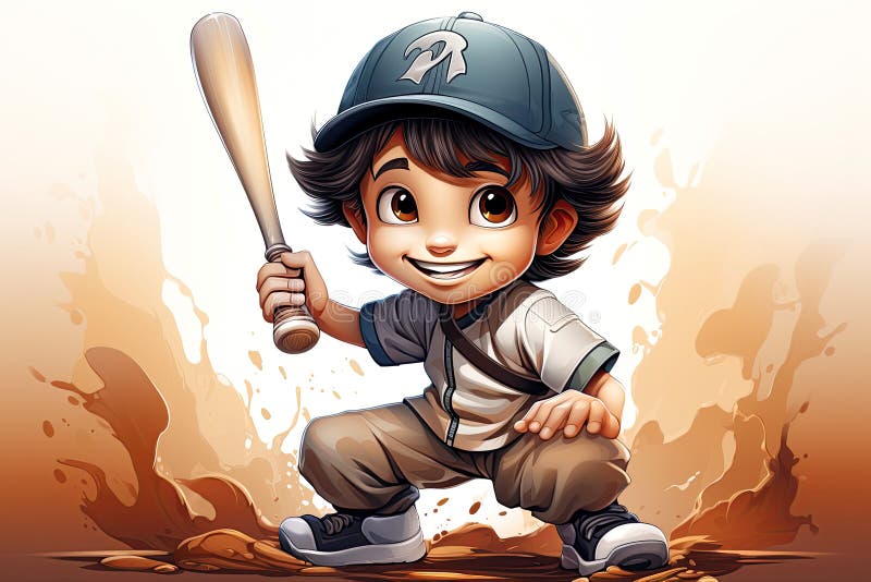Happy Boy Baseball Player in Cap with a Bat in Hands. Cartoon Character ...