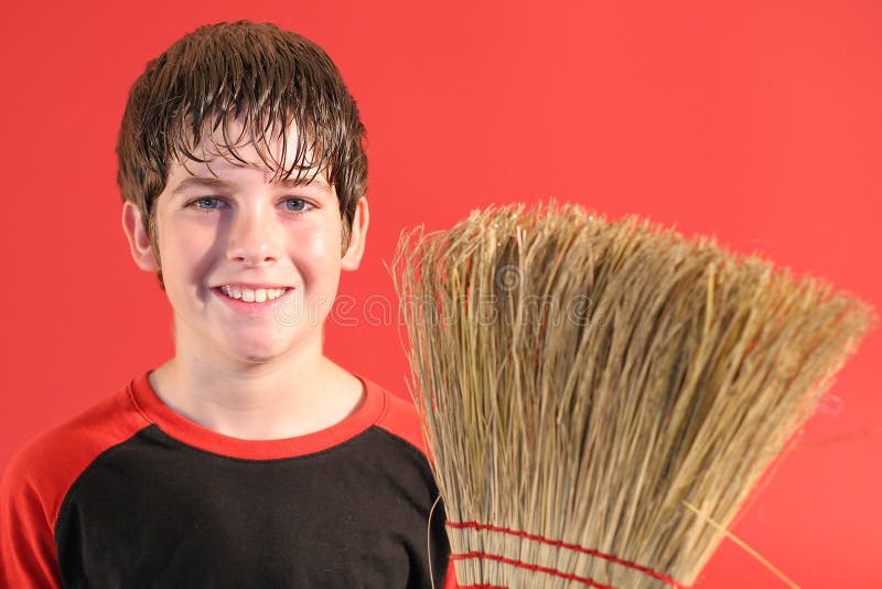 Happy boy with broom stock image. Image of human, organize - 2198549