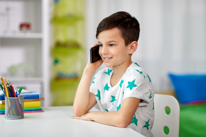 Happy Boy Calling on Smartphone at Home Stock Photo - Image of home ...