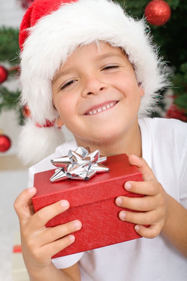 Happy Laughing Child Girl with Christmas Present Stock Image - Image of ...