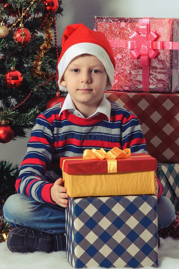 Happy Boy with Christmas Present Boxes Stock Image - Image of childhood ...