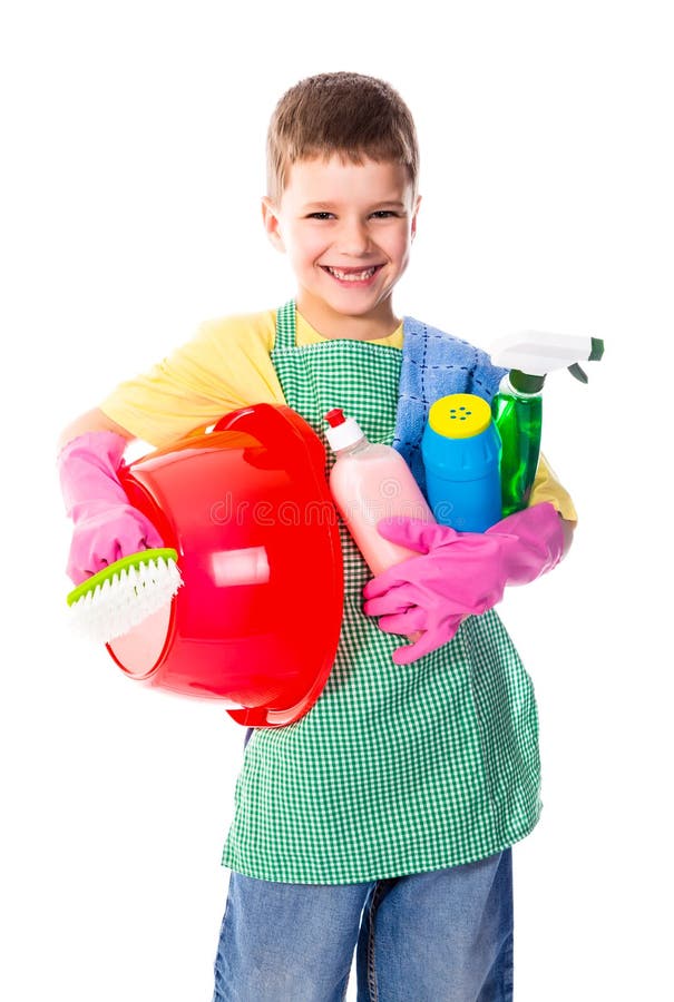 Happy Boy with Cleaning Tools Stock Photo - Image of domestic ...
