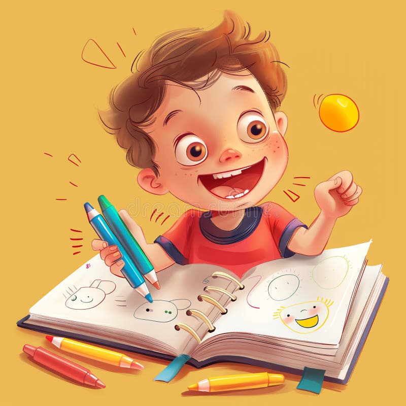 Happy Boy Drawing in Sketchbook, Unleashing Creativity and Imagination ...