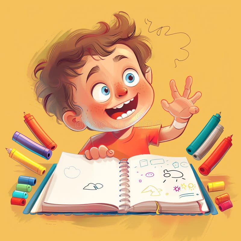 Happy Boy Drawing in Sketchbook, Unleashing Creativity and Imagination ...