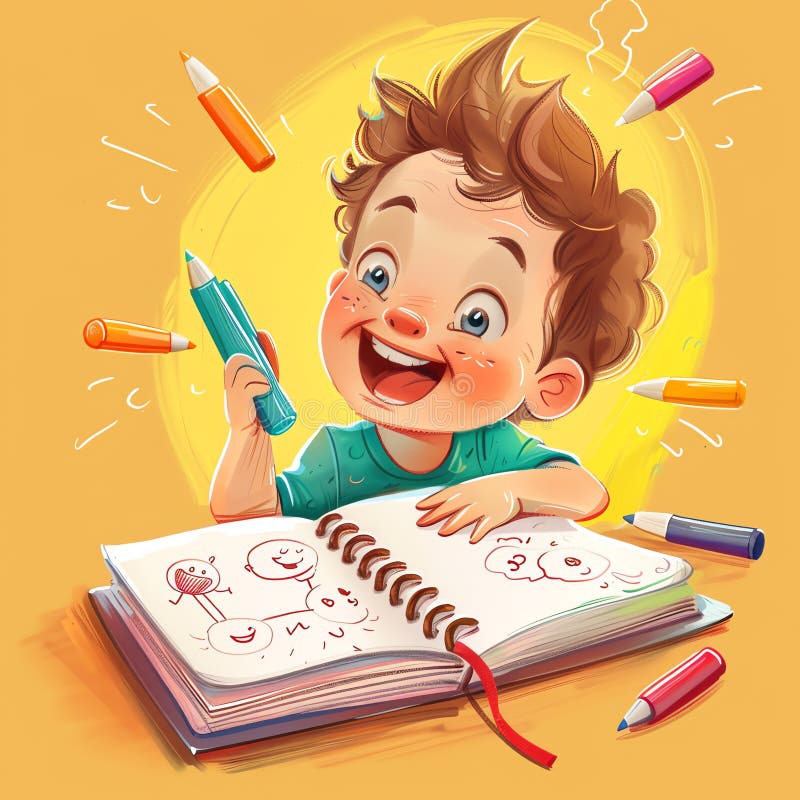 Happy Boy Drawing in Sketchbook, Unleashing Creativity and Imagination ...
