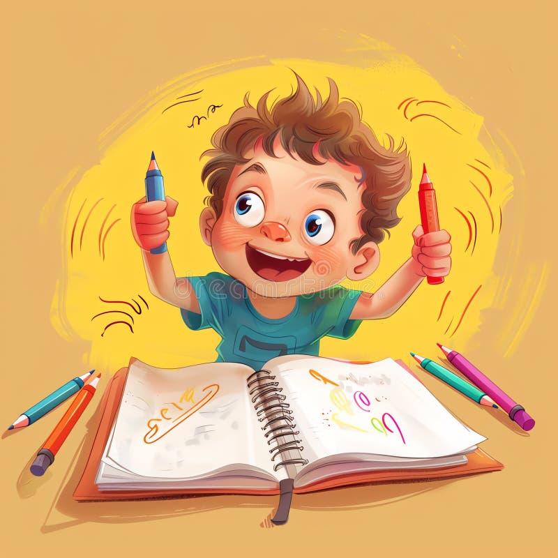 Happy Boy Drawing in Sketchbook Stock Photo - Image of learning, note ...