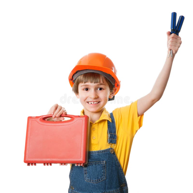 Happy Boy Dressed As Construction Worker Tools Kit Stock Photos - Free ...