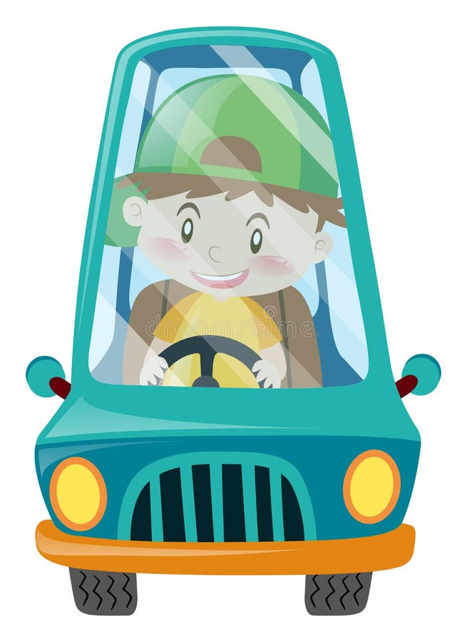 Happy boy driving blue car stock vector. Illustration of white - 78804347