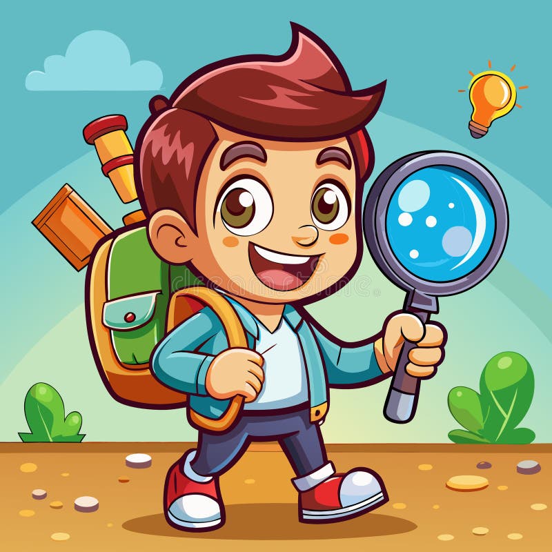Happy Boy Explorer with Backpack and Magnifying Glass Looking for ...