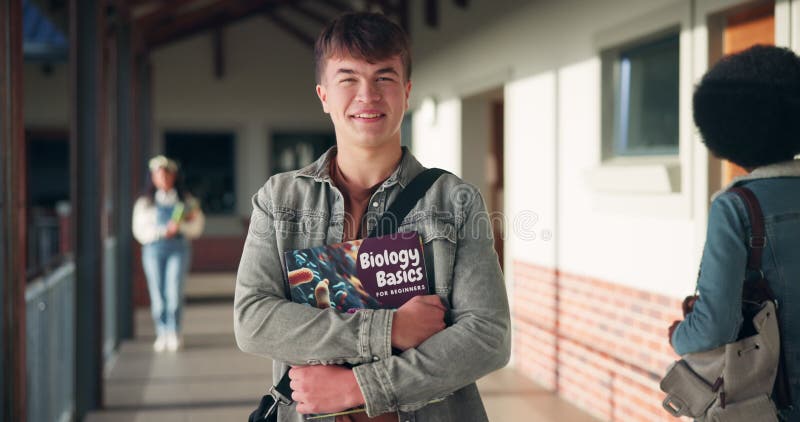 Happy, Boy and Face of Student on High School with Biology Book for ...