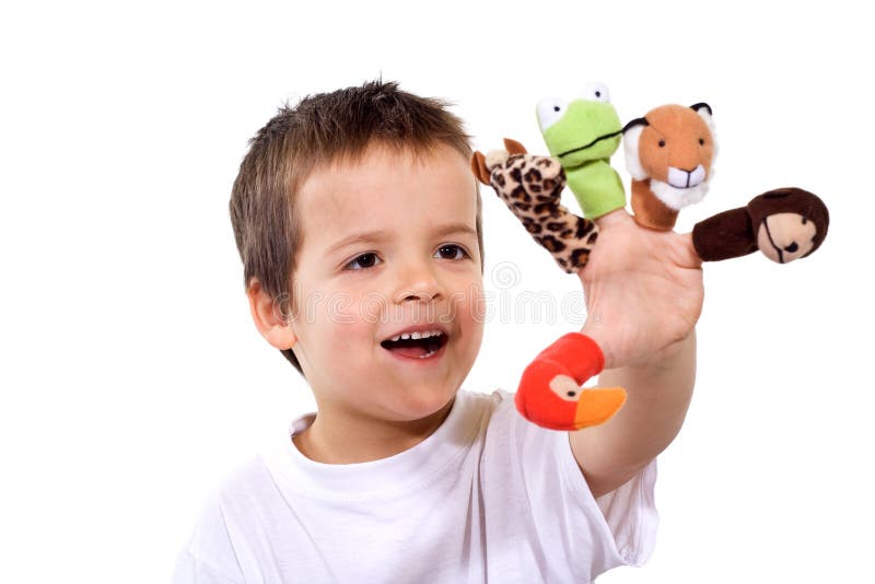 Happy Boy with Finger Puppets Stock Photo - Image of animals, cute: 7885288