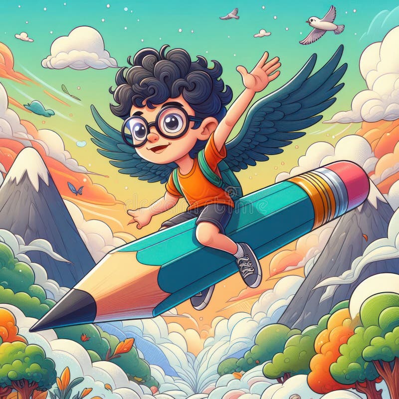 Happy Boy Flying on a Big Pencil. Stock Illustration - Illustration of ...