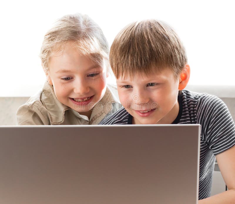 Happy Children Learning on Kids Notebook Computer Stock Image - Image ...