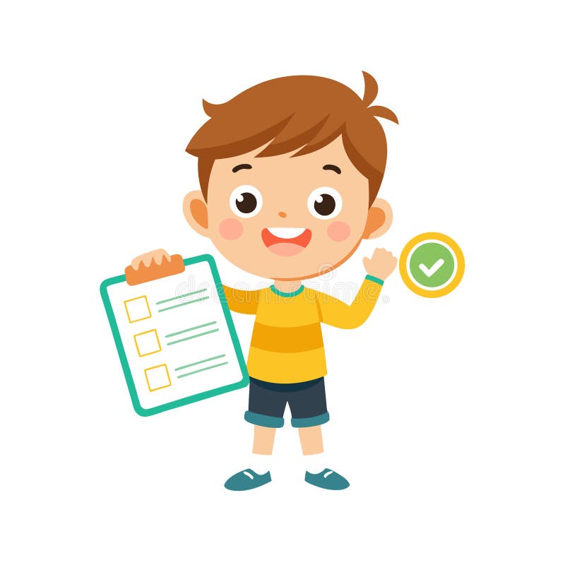 Happy Boy Holding Checklist and Check Mark for Task Completion Stock ...
