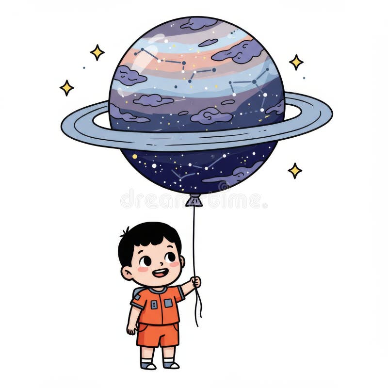 Happy Boy Holding a Colorful Galaxy Planet Balloon Stock Illustration ...