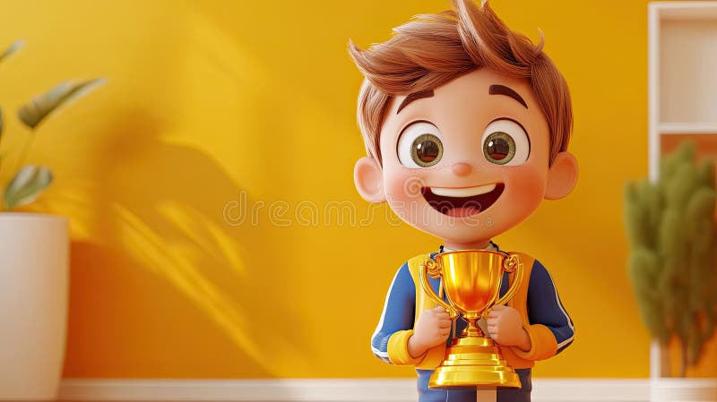 Happy Boy Holding a Golden Trophy. Stock Illustration - Illustration of ...