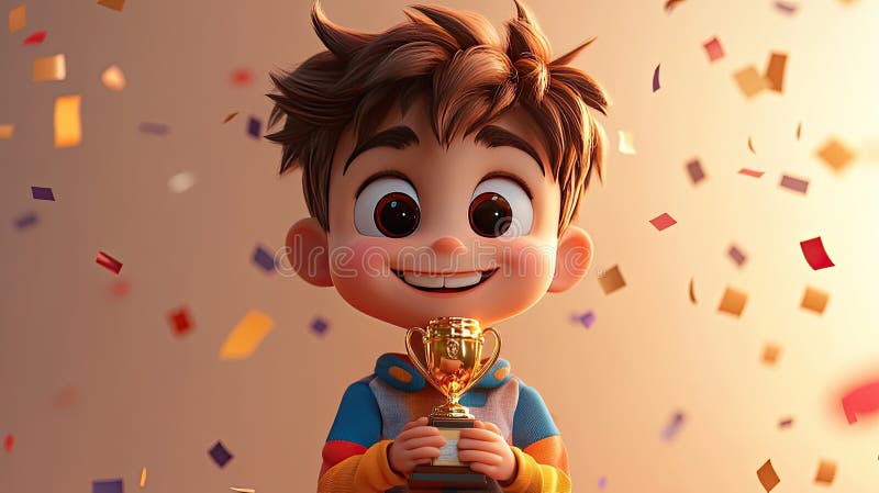 Happy Boy Holding a Trophy with Confetti Stock Illustration ...