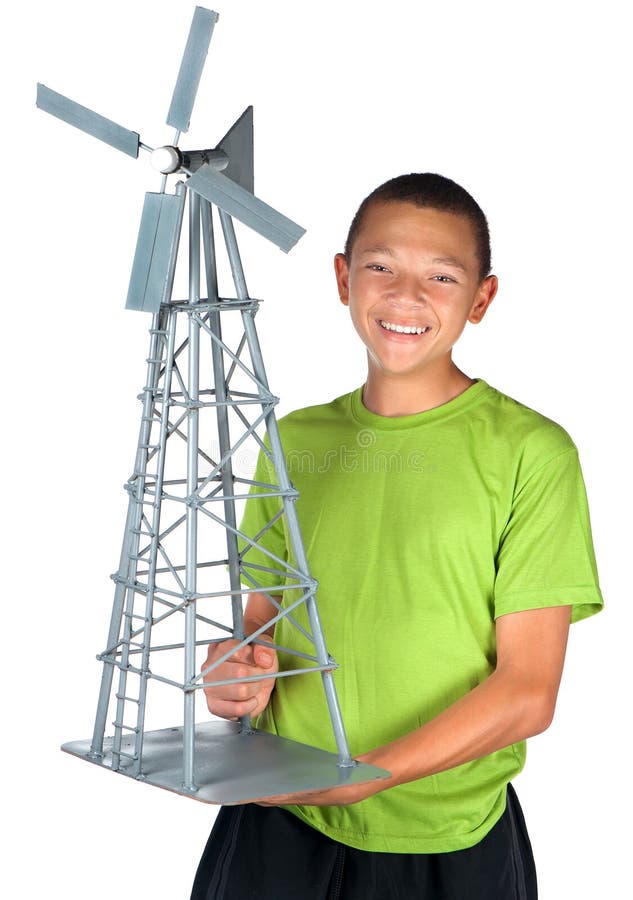 Happy Boy Holds Windmill Model Stock Photo - Image of positive, mill ...