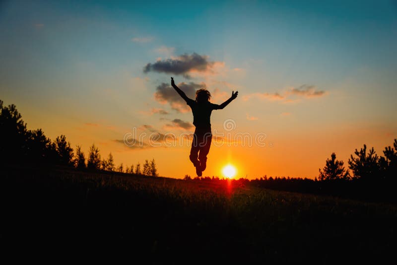 Happy Boy Jumping at Sunset Sky, Kid Enjoy Nature Stock Photo - Image ...